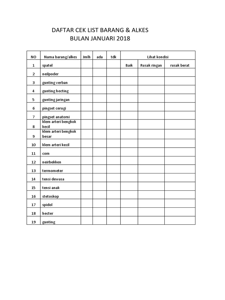Daftar Cek Barang dan Alkes Januari 2018 | PDF | Memasak, Makanan ...