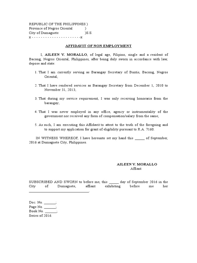 Affidavit of Non-Employment in Barangay | PDF | Affidavit | Common Law
