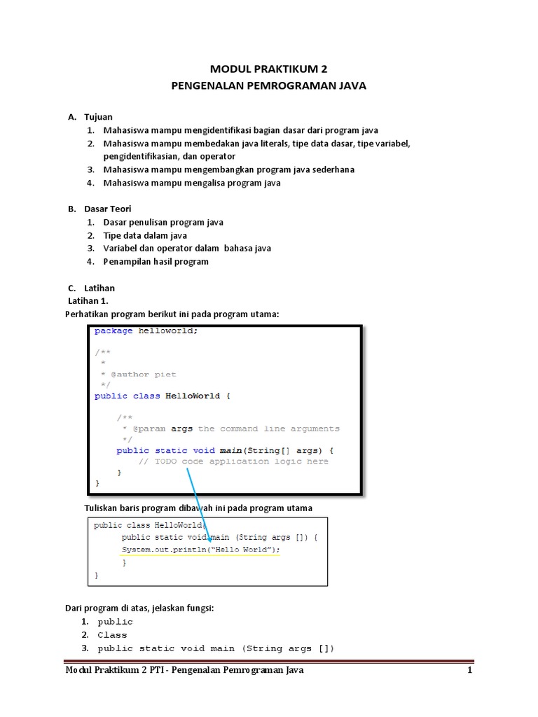 MODUL PRAKTIKUM 1 PENGENALAN JAVA - Deklarasi Variabel (Repaired) | PDF