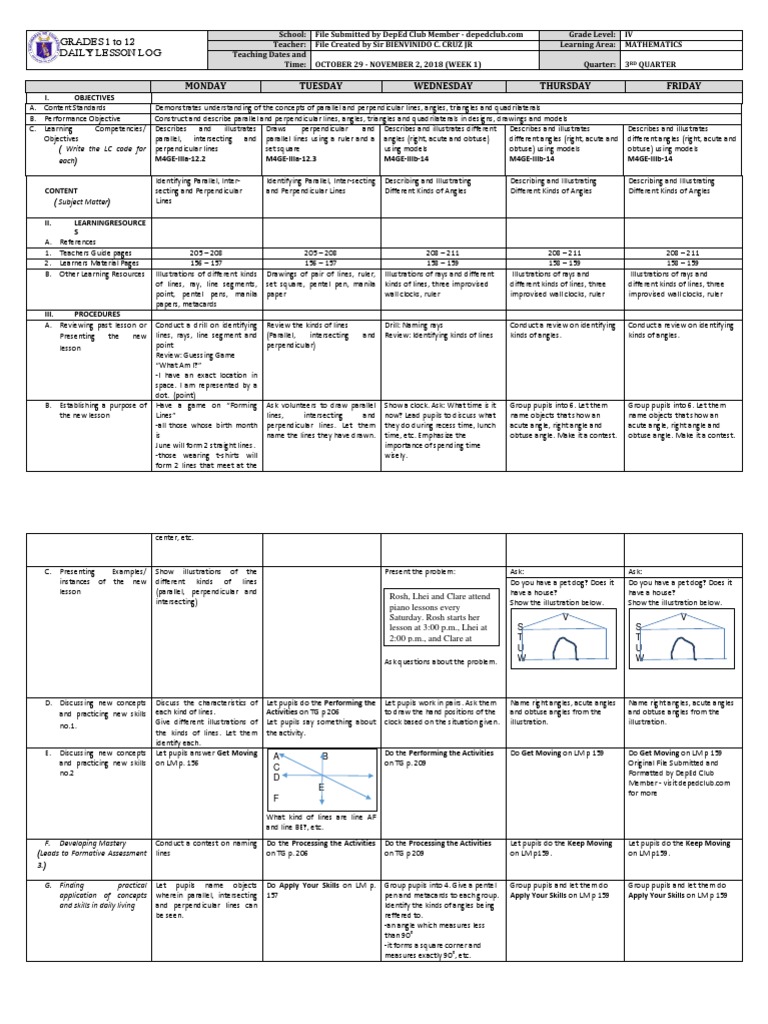 DLL Mathematics 4 q3 w1 | PDF | Line (Geometry) | Angle