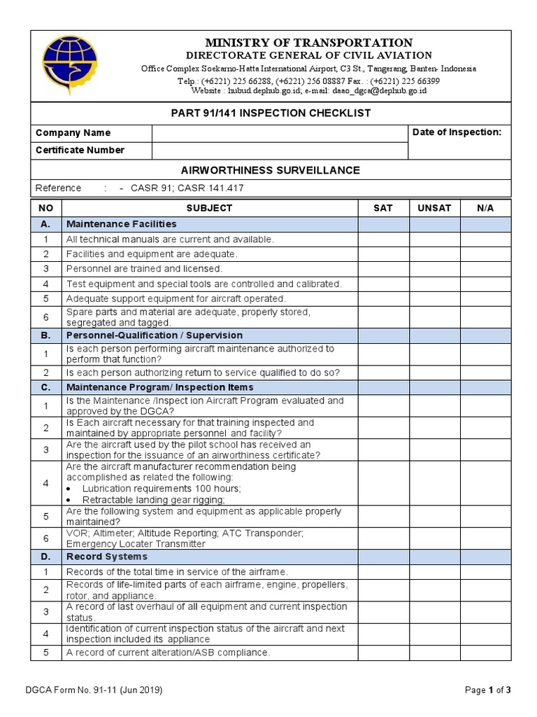 DGCA Form 91-11 Part 91 - 141 Inspection Checklist - Airworthiness ...