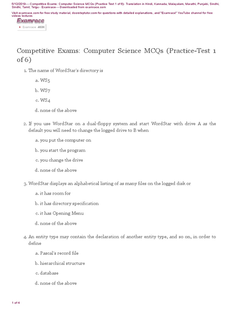 Computer Science MCQs Practice Test 1 | PDF | Relational Model | Sql