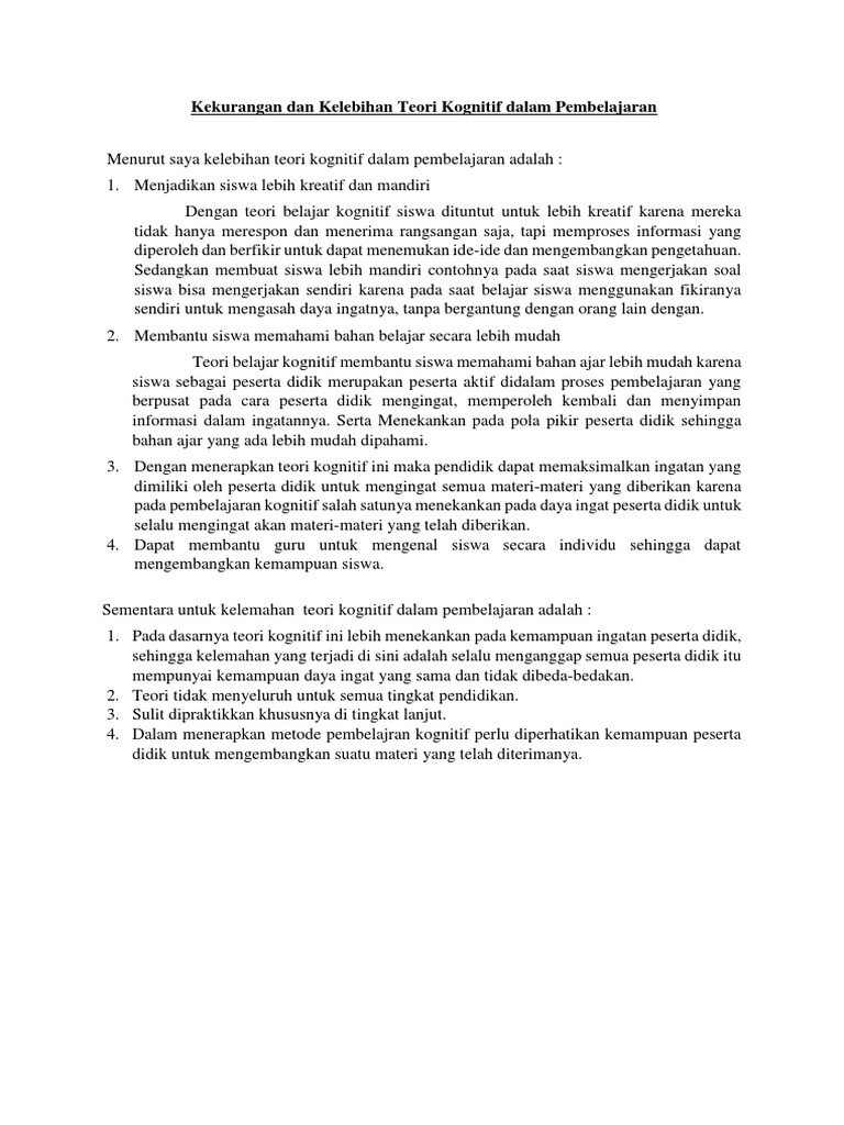 Kekurangan Dan Kelebihan Teori Kognitif | PDF | Karier & Perkembangan Kekurangan Dan Kelebihan Teori Kognitif | PDF | Karier & Perkembangan