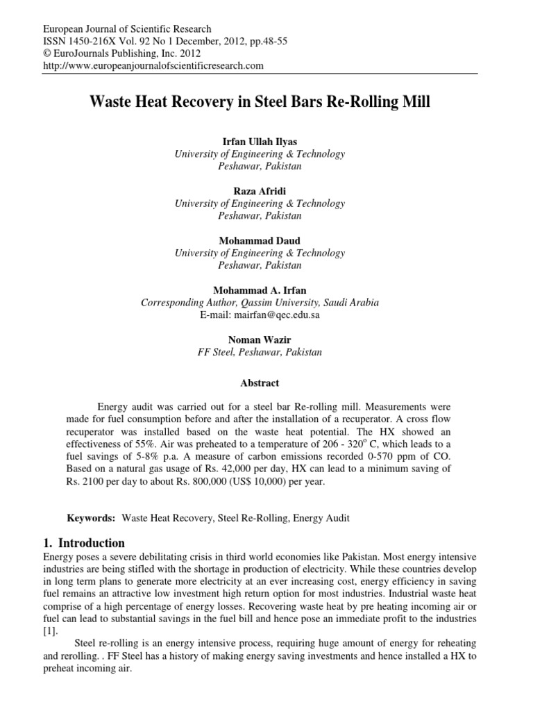 Waste Heat Recovery in Steel Bars Re-Rolling Mill: Irfan Ullah Ilyas ...