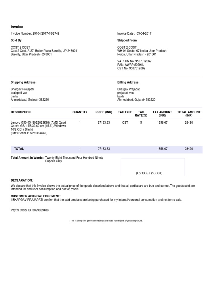 Invoice: (This Is Computer Generated Receipt and Does Not Require ...