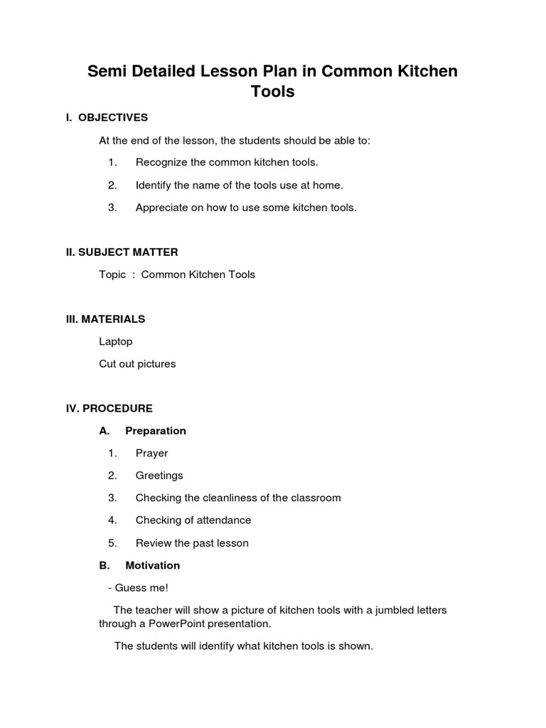 Semi Detailed Lesson Plan in Common Kitchen Tools | PDF | Kitchen ...