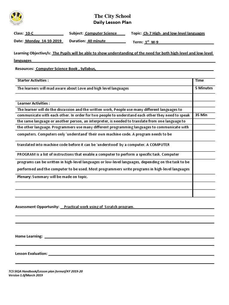 Computer Science Lesson Plans for Class 10 | PDF | Programming Language ...