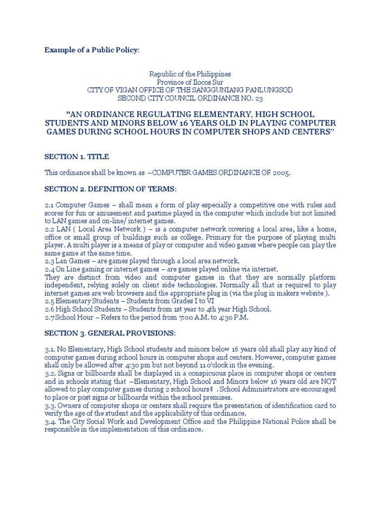 Example of A Public Policy | PDF | Video Games | Local Ordinance