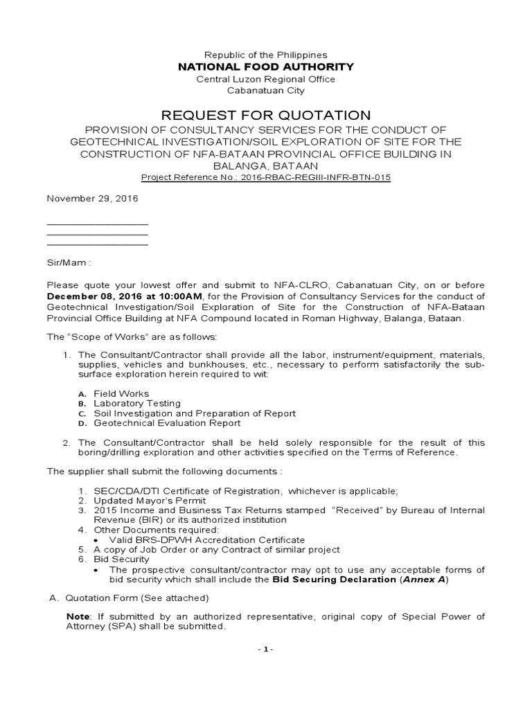 Nfa Request For Quotation For Soil Testing | PDF | Drilling Rig ...
