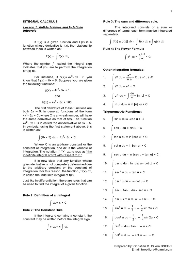 Lesson 1. Antiderivatives and Indefinite Integrals: Integral Calculus ...