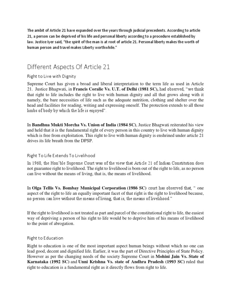 Different Aspects of Article 21: Right To Live With Dignity | PDF ...