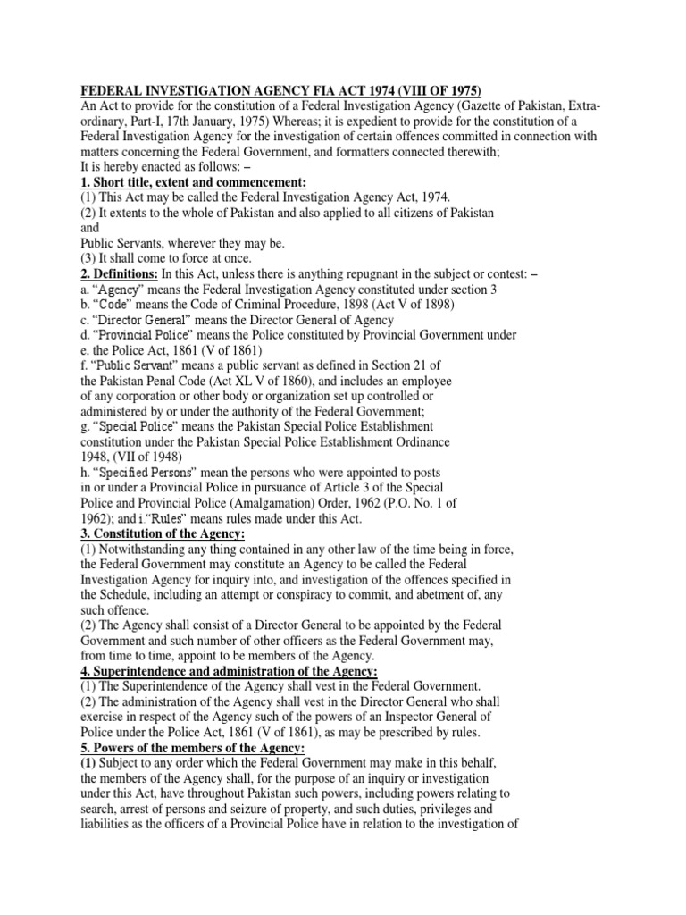 FIA Act 1974: Overview and Powers | PDF | Federal Government Of The ...