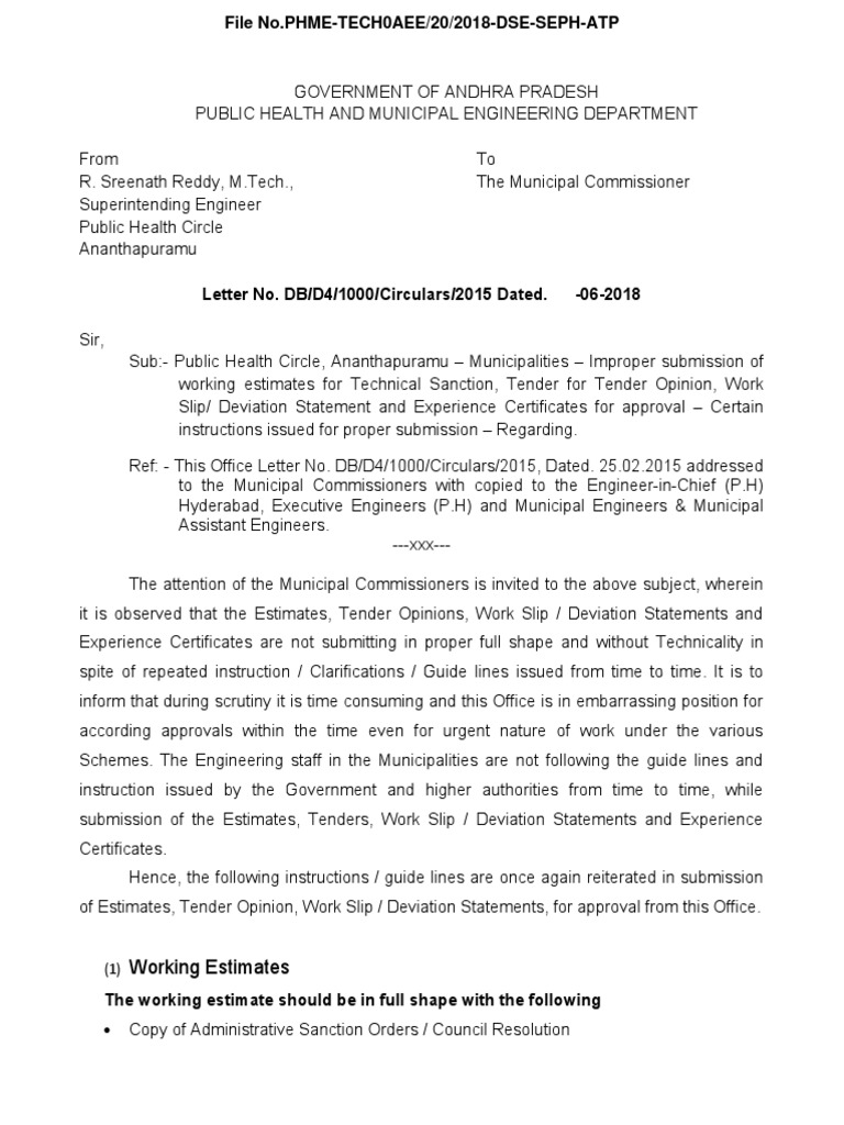 Circular To MCs Regarding Estimates, Tenders, Work Slip and Deviation ...