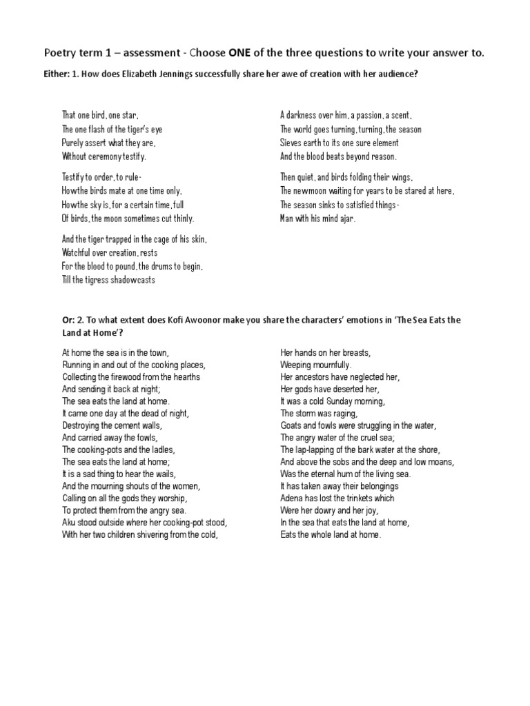 Poetry Term 1 - Assessment - Choose ONE of The Three Questions To Write ...