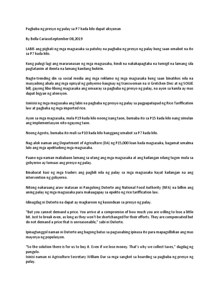 Pagbaba NG Presyo NG Palay | PDF