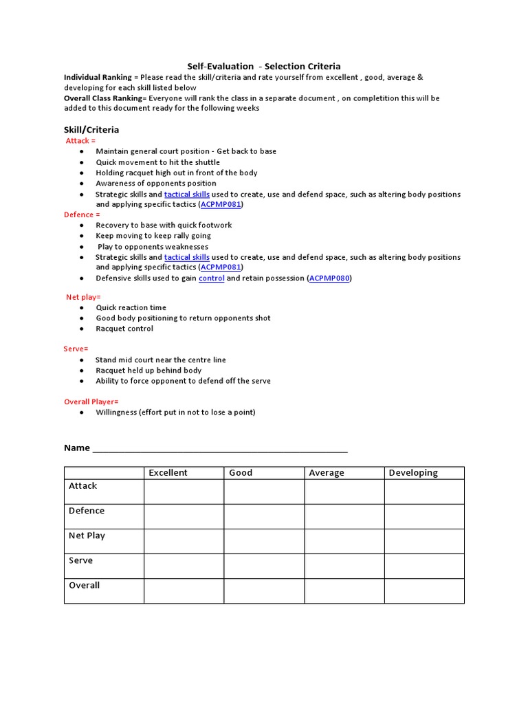 Badminton Skills Self-Assessment | PDF