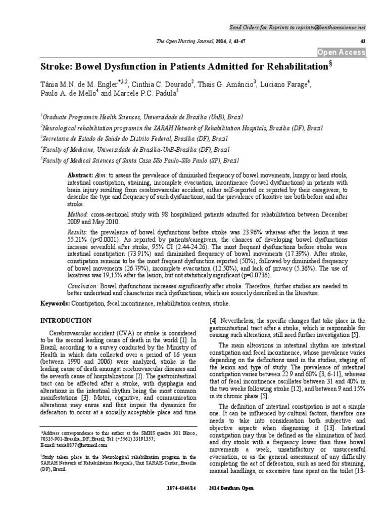 Stroke: Bowel Dysfunction in Patients Admitted For Rehabilitation | PDF ...