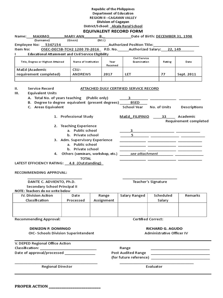 Equivalent Record Form: (Surname) (Given) (M.I.) | PDF | Teachers ...