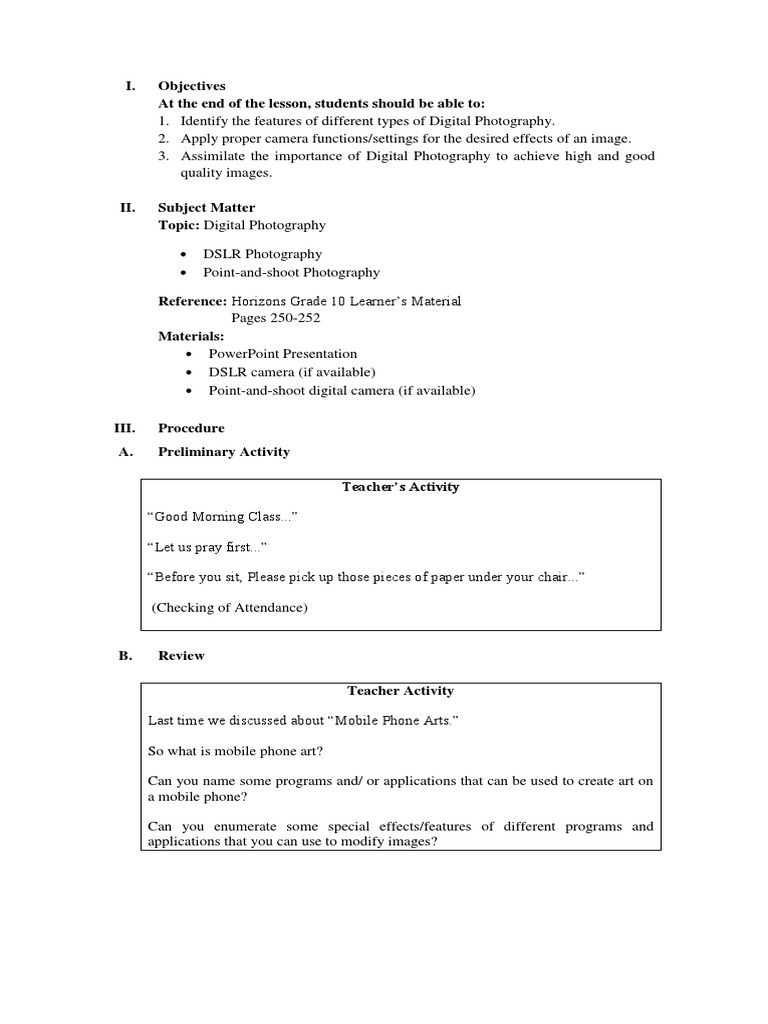 Digital Photography Lesson Plan for Grade 10 | PDF | Digital Camera ...