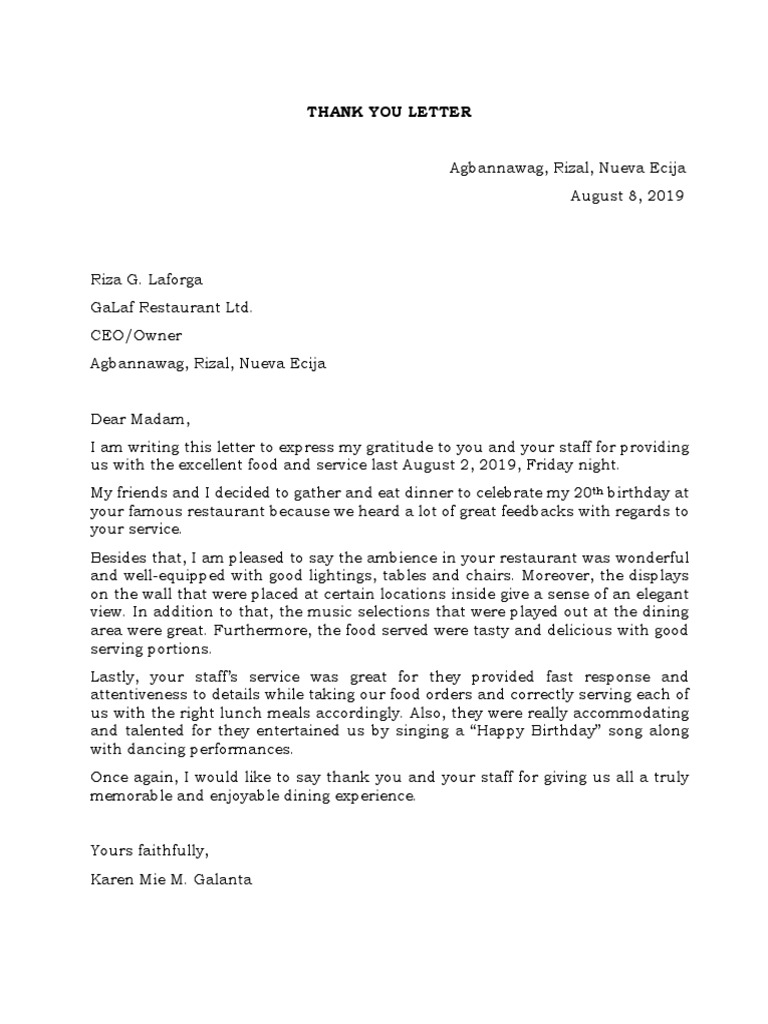 Thank You Letter | PDF | Restaurants | Baking