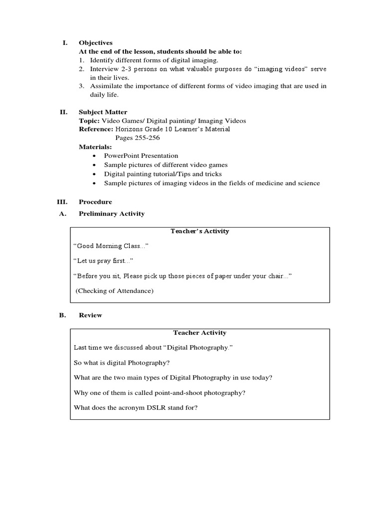 8 Lesson Plan in Video Games Digital Painting Ans Imaging Videos | PDF ...