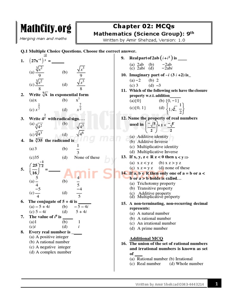Chapter 02: MCQS: Mathematics (Science Group) : 9 | PDF | Numbers ...
