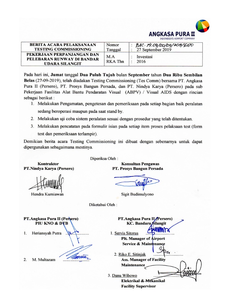 Berita Acara Testing Commissioning TGL 27 September 2019 | PDF
