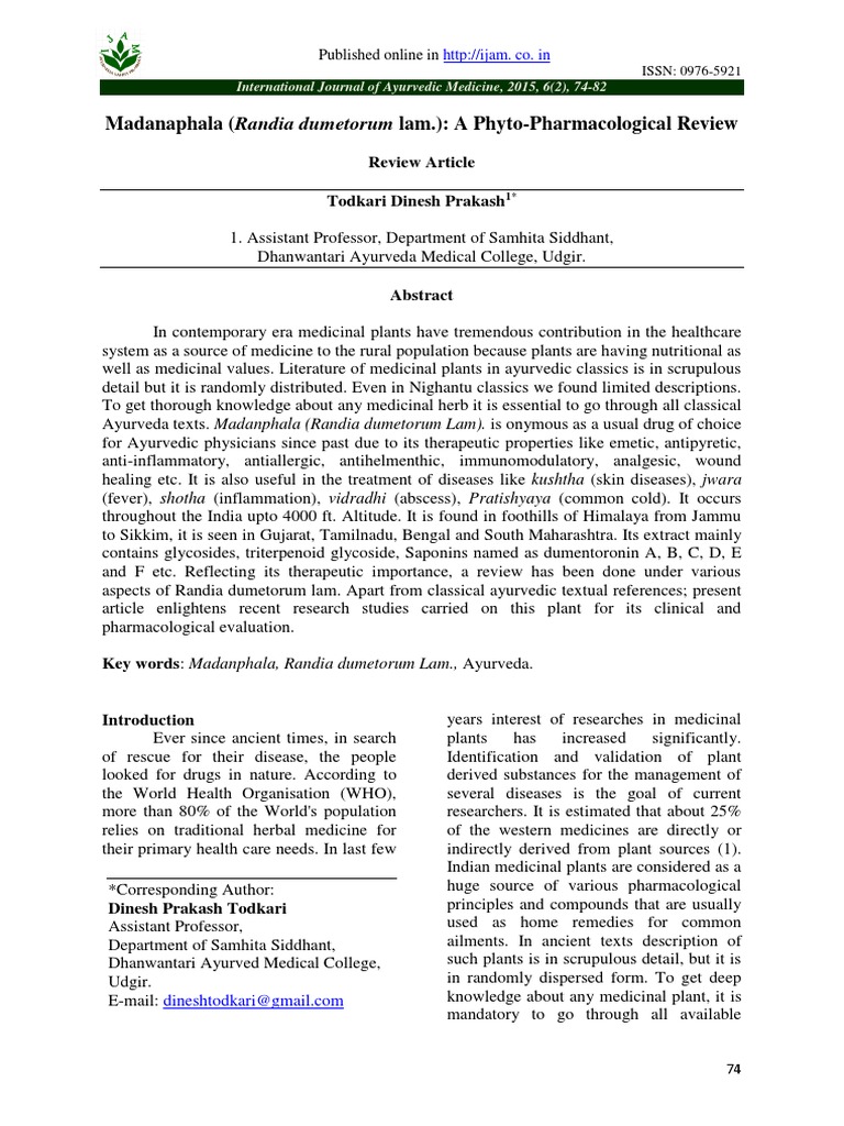 Phyto-Pharmacological Review of Madanaphala | PDF | Ayurveda | Medicine