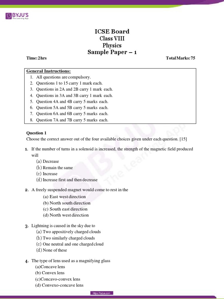 Class 8 ICSE Physics Sample Paper | PDF | Buoyancy | Electric Charge