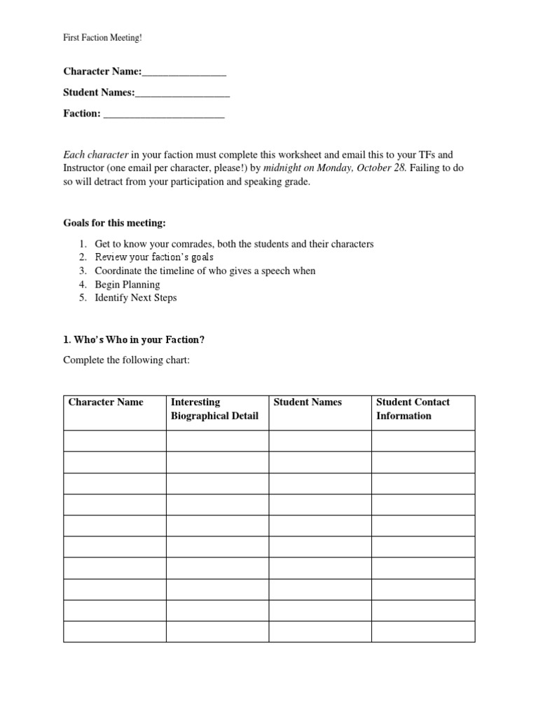 FIrst Faction Meeting Worksheet | PDF