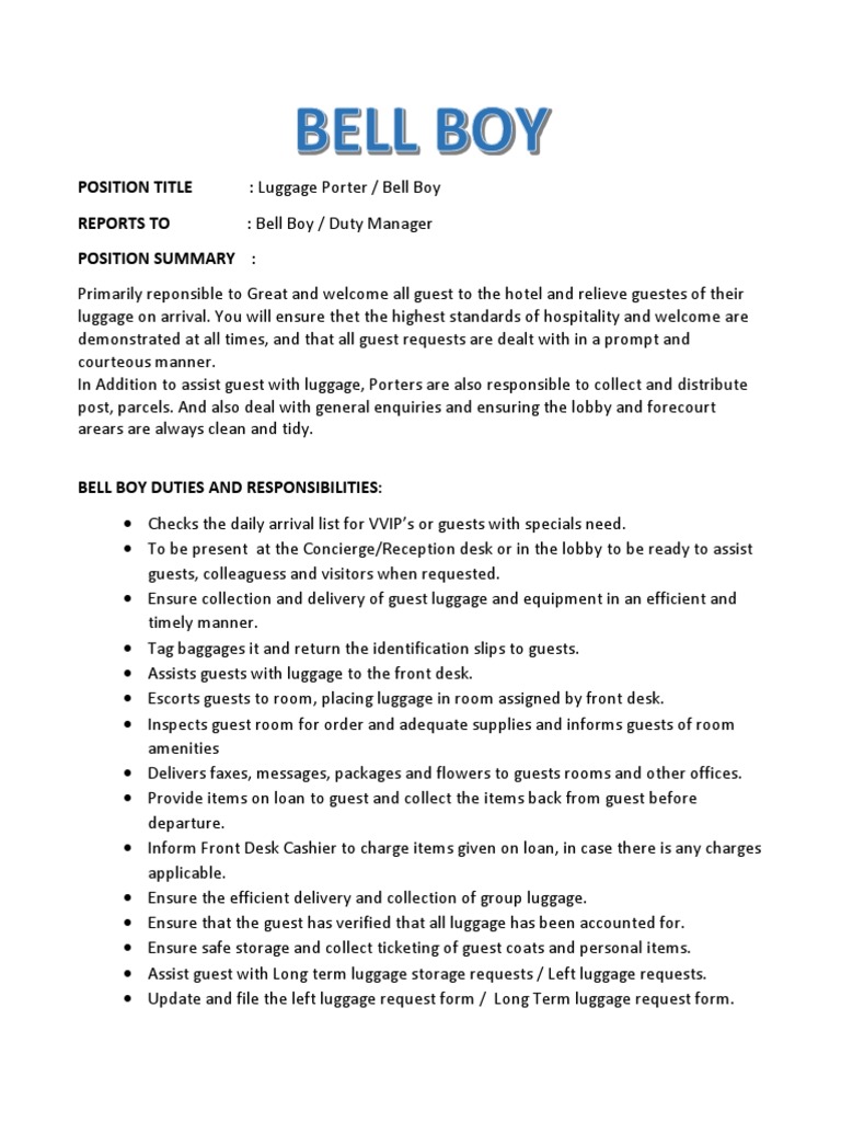 Position Title: Luggage Porter / Bell Boy Reports To: Bell Boy / Duty ...