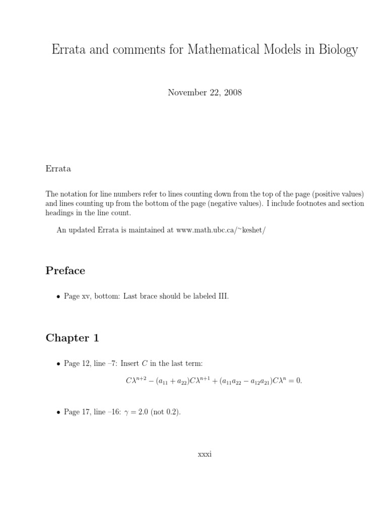 Errata and Comments For Mathematical Models in Biology: November 22, 2008 | PDF | Trigonometric ...
