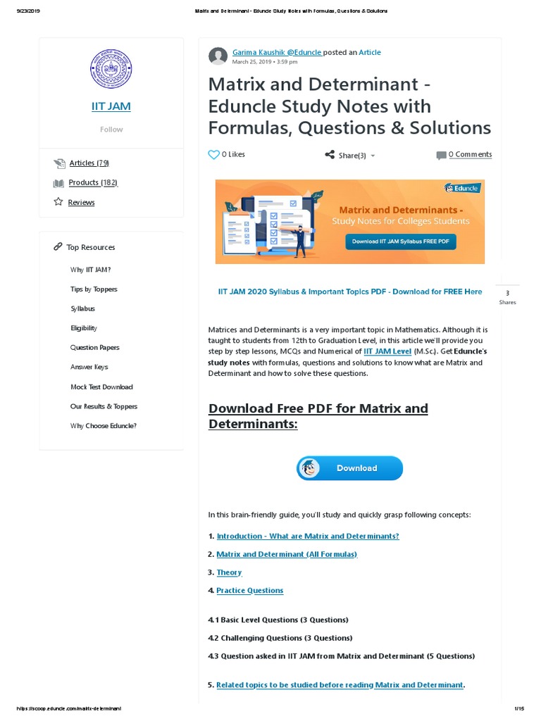 Matrix and Determinant - Eduncle Study Notes With Formulas, Questions ... Matrix and Determinant - Eduncle Study Notes With Formulas, Questions ...