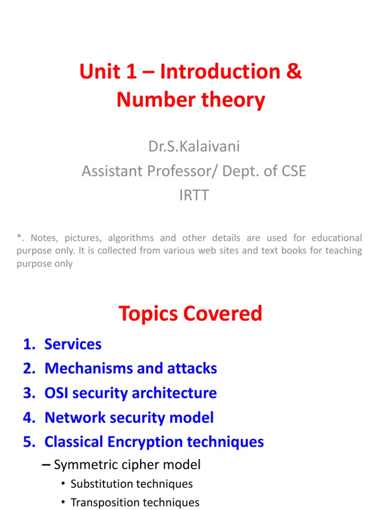 Unit 1 - Introduction & Number Theory: Dr.S.Kalaivani Assistant ...