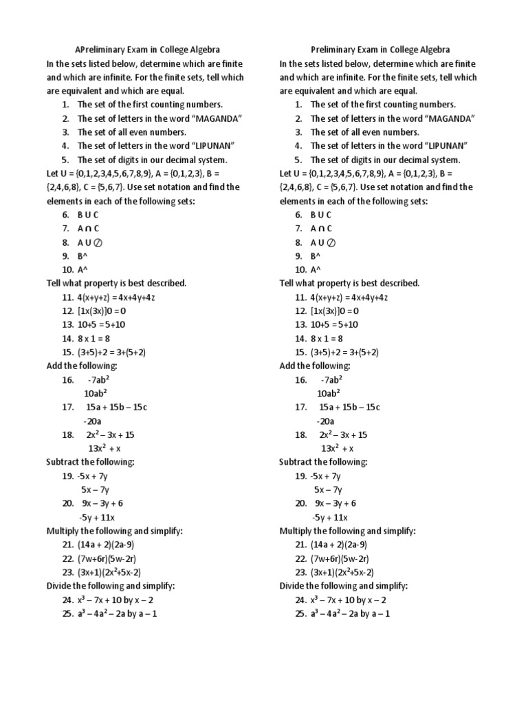 Preliminary Exam in College Algebra | PDF | Set (Mathematics) | Mathematical Notation