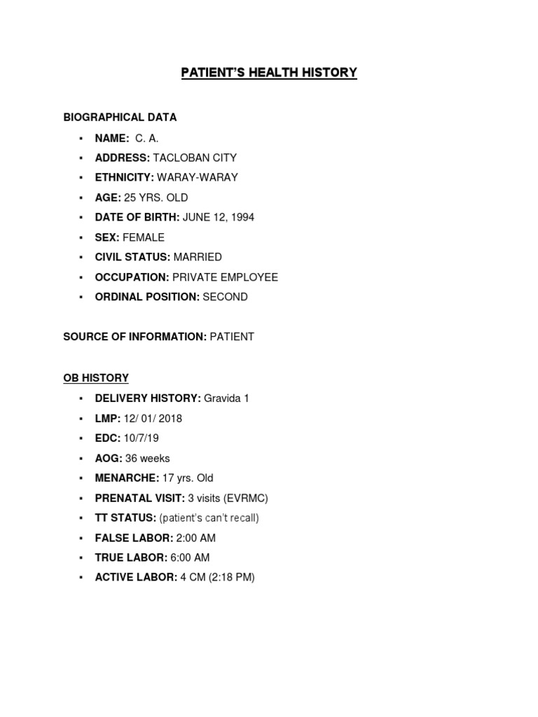 Patient'S Health History: Biographical Data | PDF | Childbirth | Medicine
