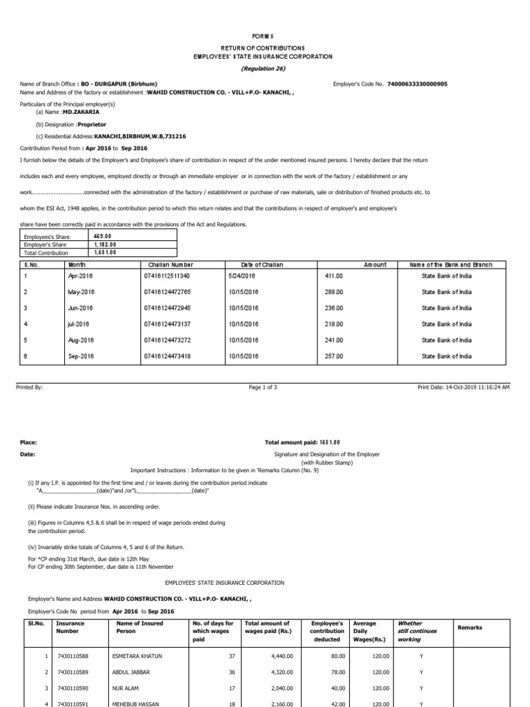 Return of Contributions Employees' State Insurance Corporation Form 5 ...