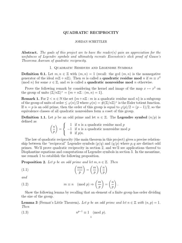 Quadratic Reciprocity Explained | PDF | Group Theory | Ring Theory