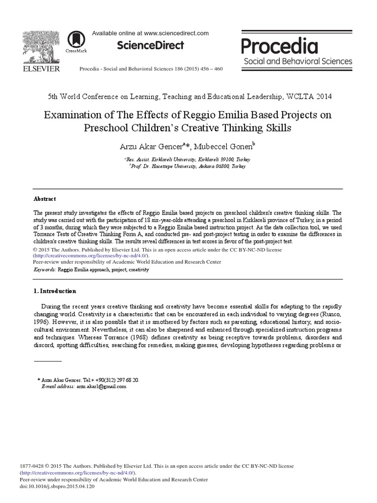 Examination of The Effects of Reggio Emilia Based Projects On Preschool ...