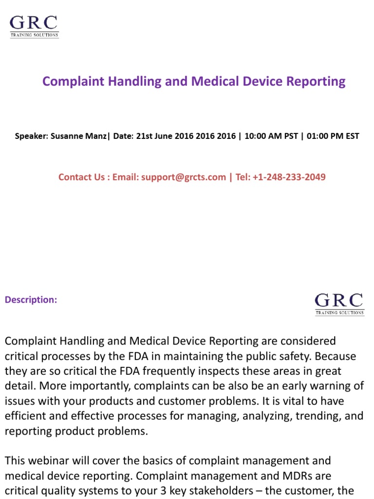 Complaint Handling and Medical Device Reporting | PDF
