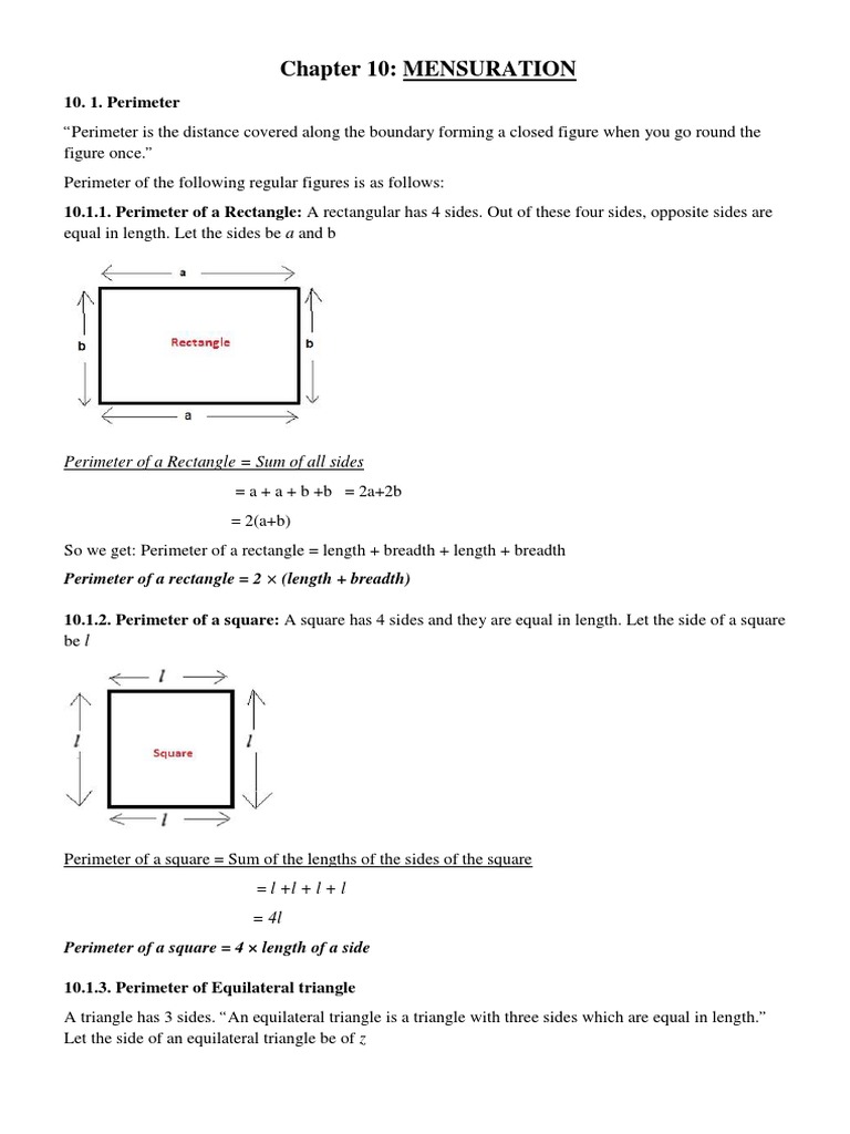 Chapter 10: MENSURATION: Perimeter of A Rectangle Sum of All Sides ...