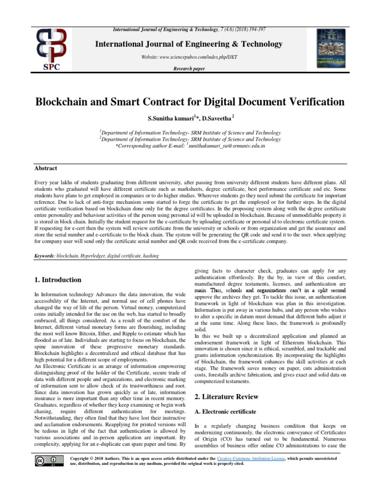 Blockchain and Smart Contract For Digital Document Verification | PDF ...