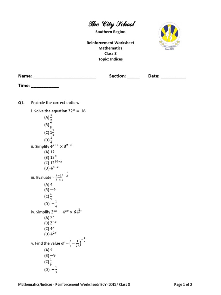 Reinforcement Worksheet - Indices | PDF | Equations | Teaching Mathematics