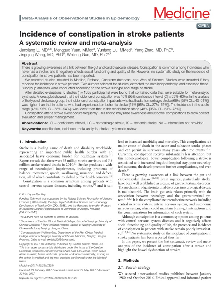 Constipation in Stroke Patiens | Download Free PDF | Stroke | Constipation