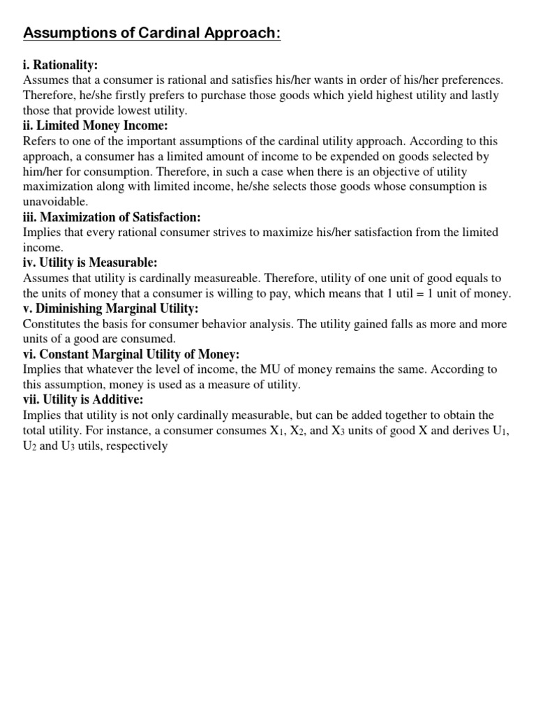 Assumptions of Cardinal Approach | PDF | Utility | Marginal Utility