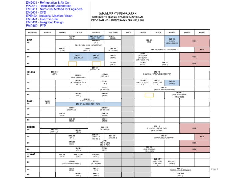 Jadual Waktu Pengajaran Semester I Sidang Akademik 2019/2020 Program Kejuruteraan Mekanik, Usm ...