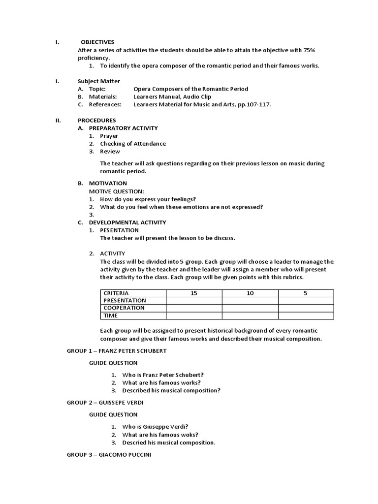 Lesson Plan in Music | PDF | Opera | Composers