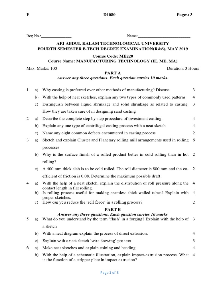 E D1080 Pages: 3: Answer Any Three Questions. Each Question Carries 10 Marks | PDF | Casting ...