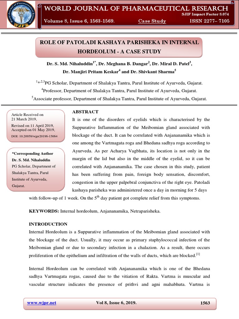 Role of Patoladi Kashaya Parisheka in Internal Hordeolum - A Case Study ...