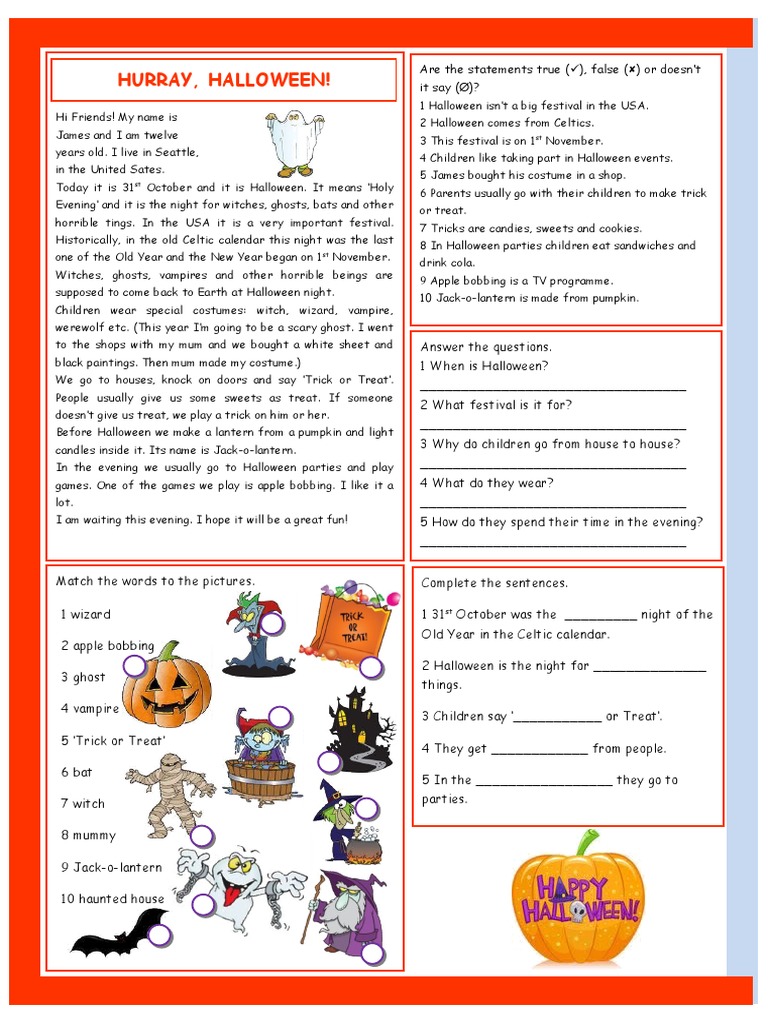 Hurray Halloween Oneonone Activities Reading Comprehension Exercise ...